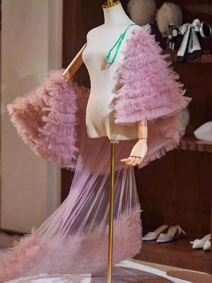 Bride's Pink Sheer Bridal Shawl, High-End Chiffon Wrap For Formal Gowns ...