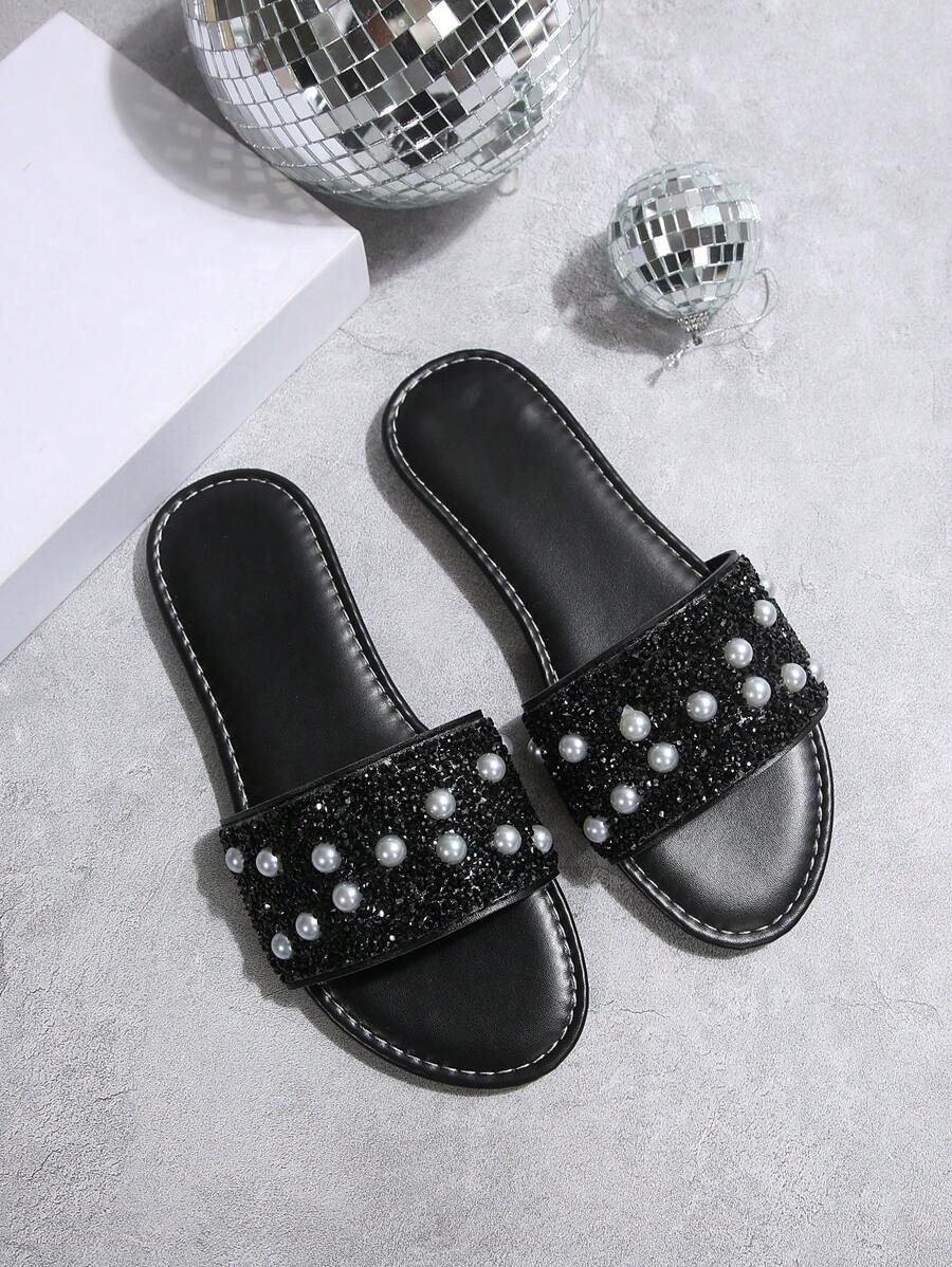 Pearl Rhinestones Decorated Women's Slippers, French & Korean Style ...