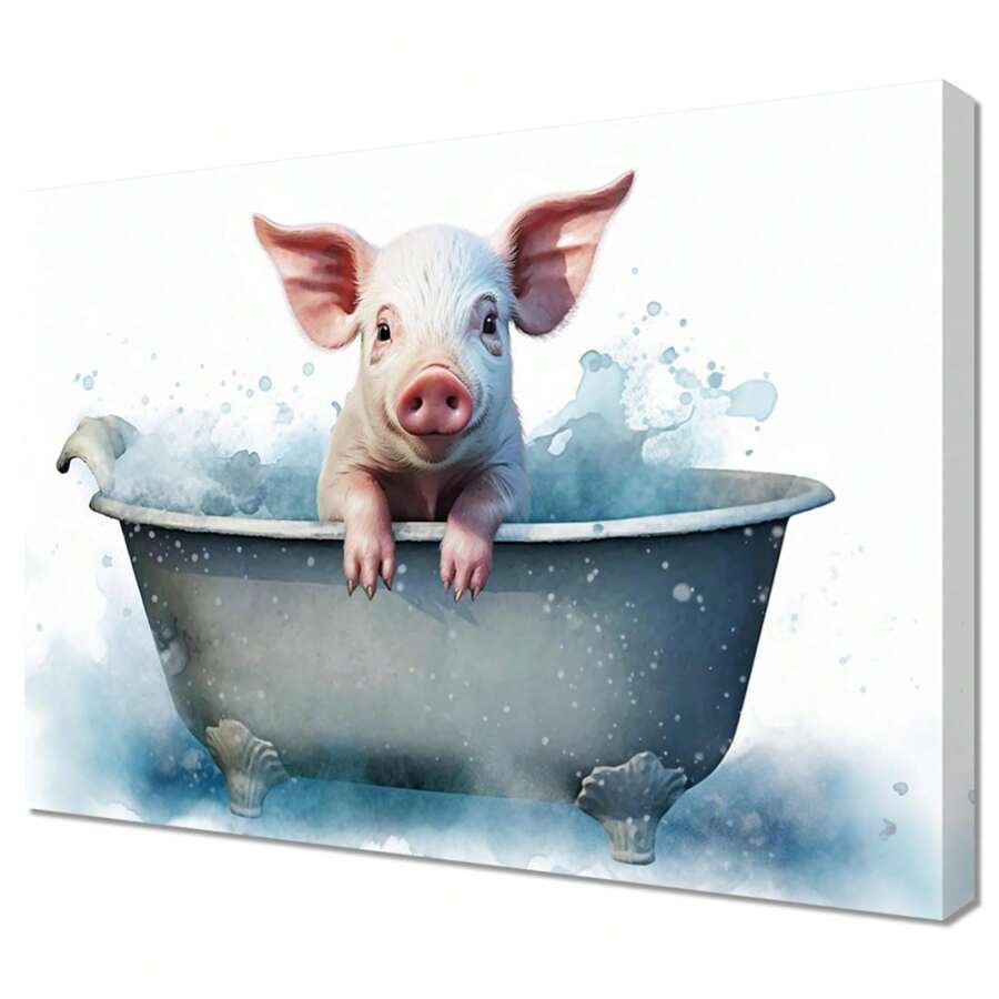 1pc Pig Bathroom Animal Canvas Wall Art Funny Pig In The Tub Bathing ...