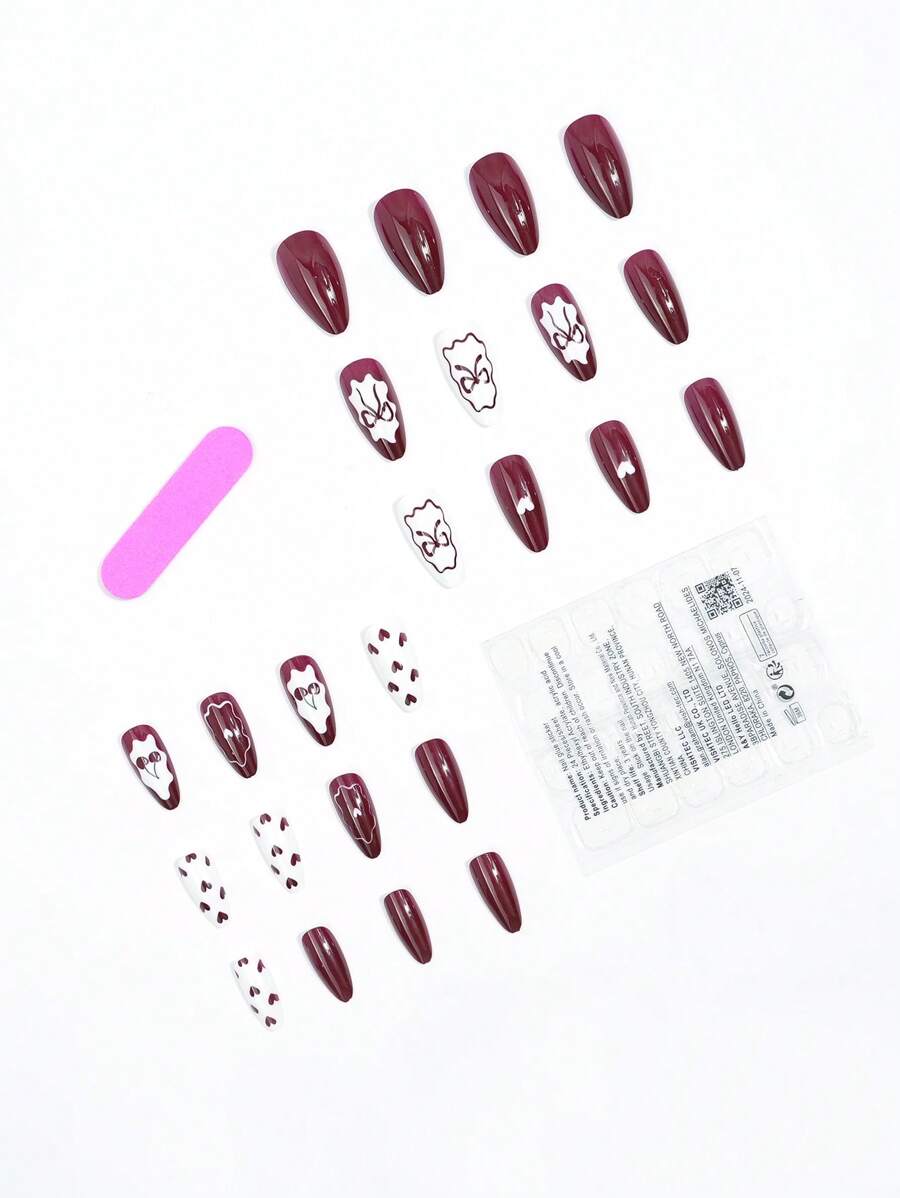 24 ongles en forme de cœur de Saint-Valentin, nœuds doux et roses ...