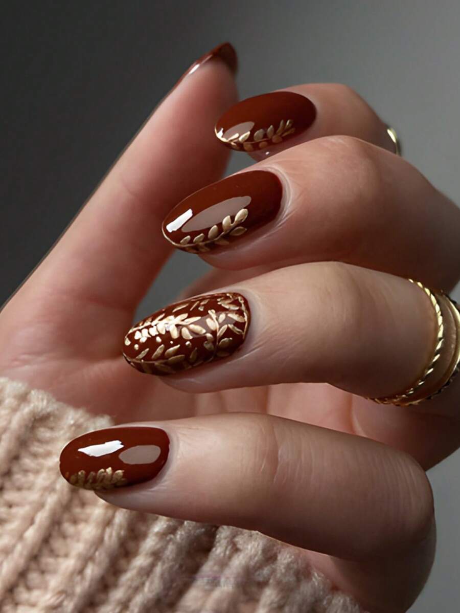 24 Almond Fake Nail Tip Set, Golden Wheat Spike Deep Red Glitter Press ...