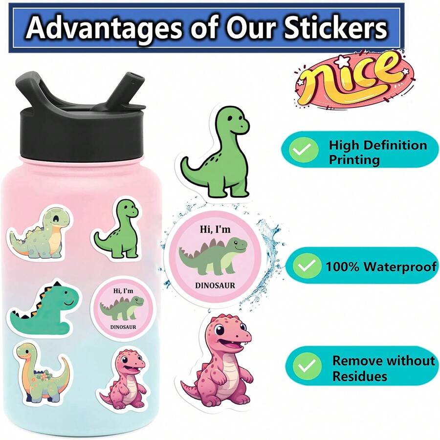100PCS Cute Little Dinosaur Stickers Vinyl Aesthetics Stickers, Decals ...