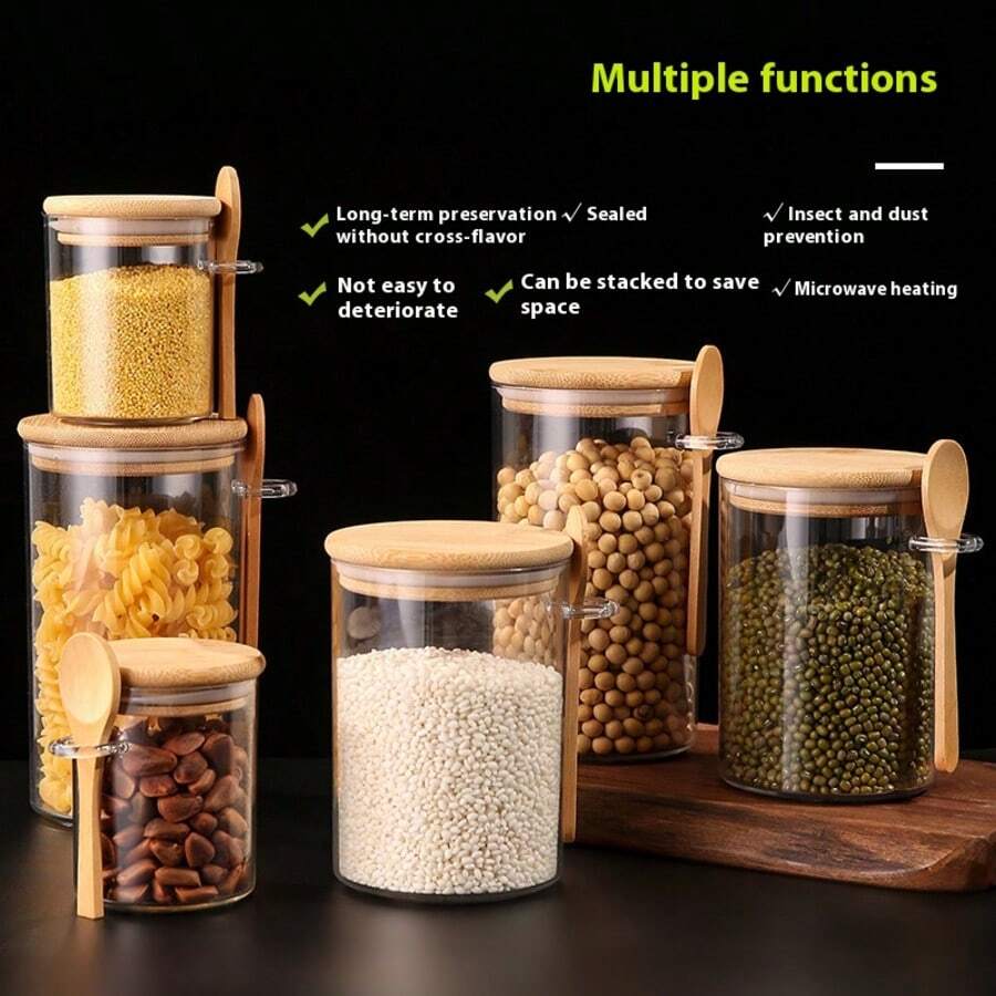 Glass Condiment Jars Set With Spoons & Lids, Kitchen Storage Containers ...