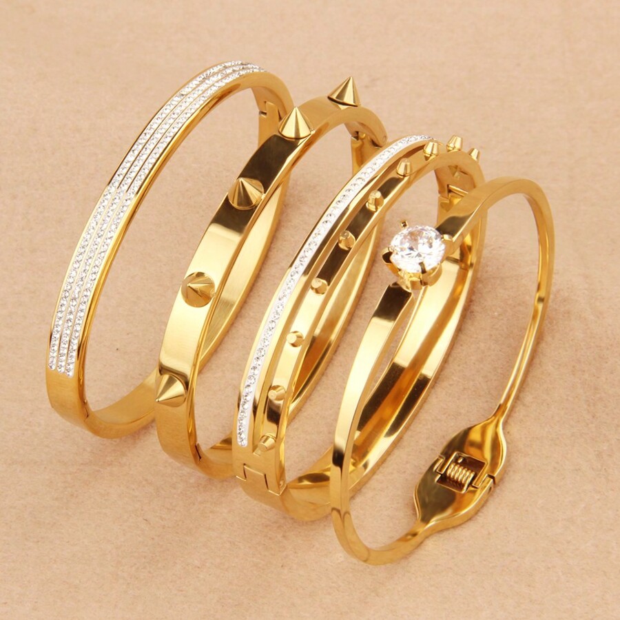 4pcs/1set, Casual Minimalist Unisex Stainless Steel Rivet Bracelet Set ...