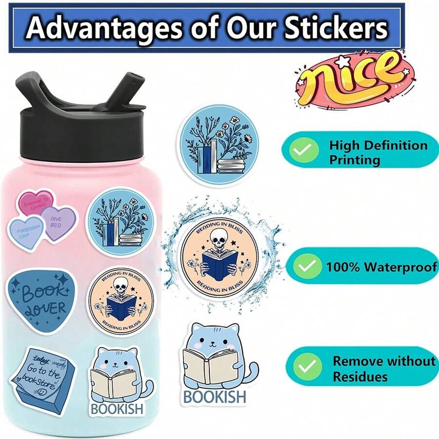50PCS Blue Bookish Stickers Vinyl Aesthetics Stickers Scrapbooking ...