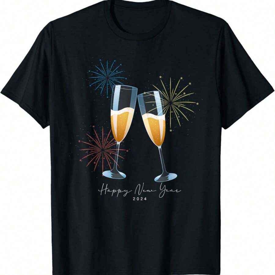 Champagne Glasses Happy New Year 2025 Fireworks T-Shirt | SHEIN USA