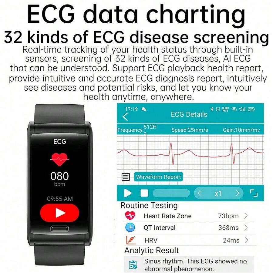 Blood Oxygen Smart Watch Body Temperature ECG HRV Monitor Waterproof US ...