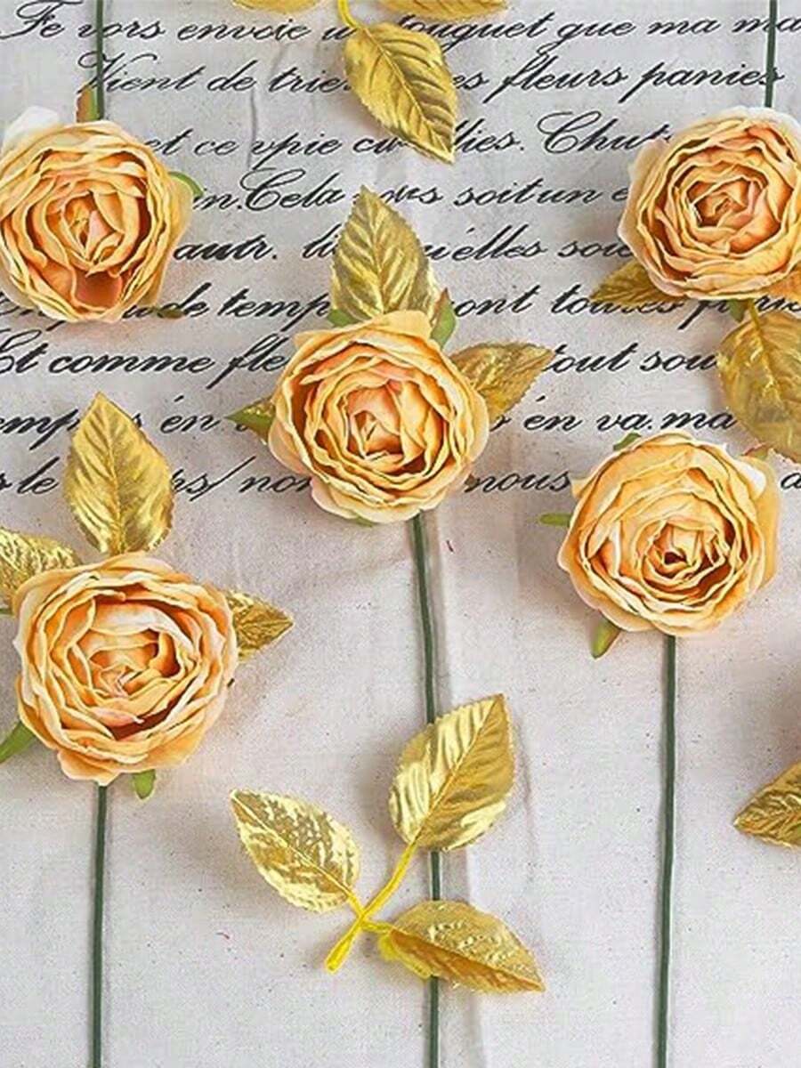 100pcs Rose Leaves Gold Leaves, Artificial Greenery Fake Rose Leaves ...