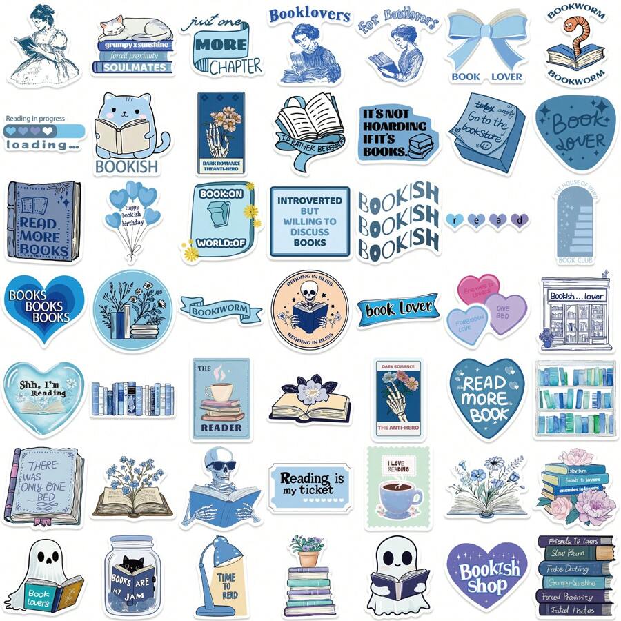 50PCS Blue Bookish Stickers Vinyl Aesthetics Stickers Scrapbooking ...
