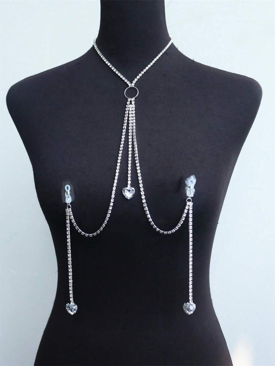 1pc Sexy Fashion Heart Rhinestone Chest Chain, Beach Nightclub Intimate ...