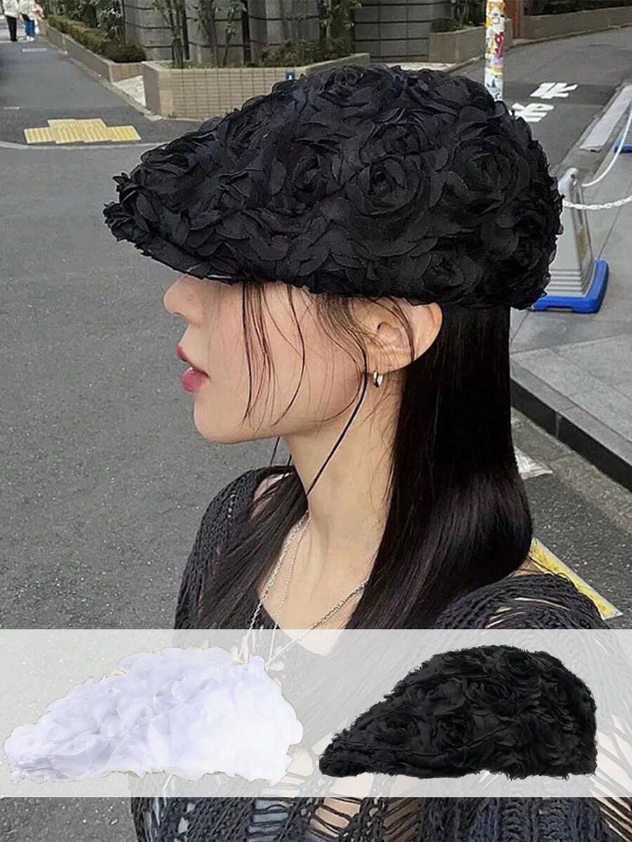High-End 3D Rose Beret Hat, Women Korean Instagrammer Same Style ...