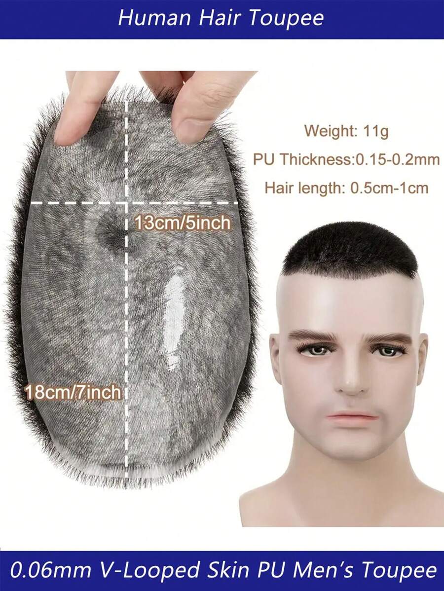 15x20 CM 13x18 CM Full PU Thin Skin Hair System Man Toupee, Knotless V Looped Style, 1cm Buzz ...