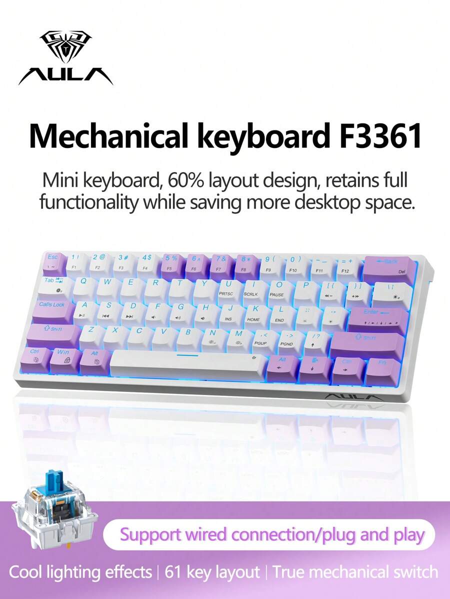 AULA AULA F3361 Wired Mechanical Keyboard, 61-Key Layout, Mini And ...