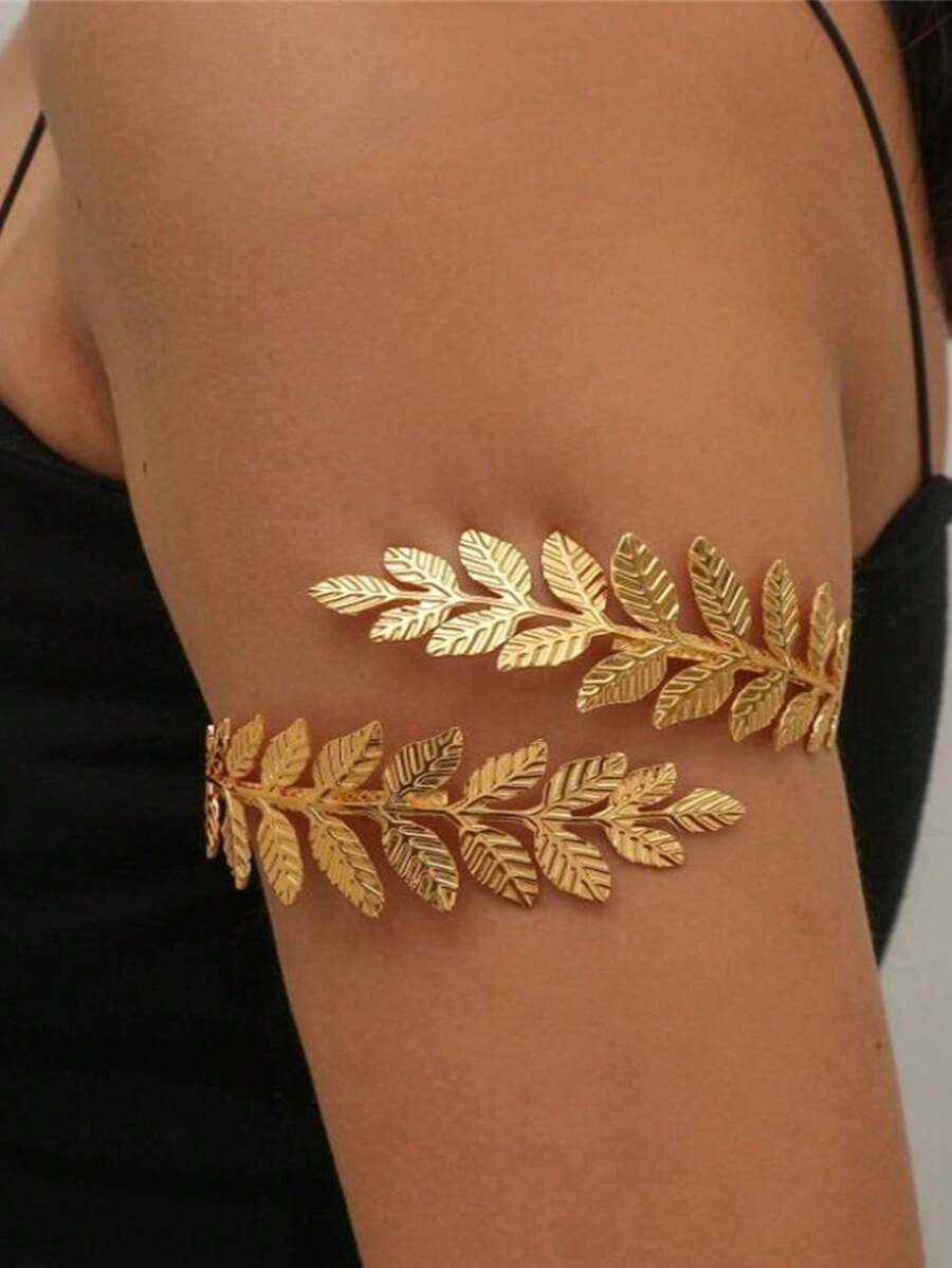 1pc Leaf Shape Metal Arm Band, Adjustable Open Leaf Design Metal Armlet ...