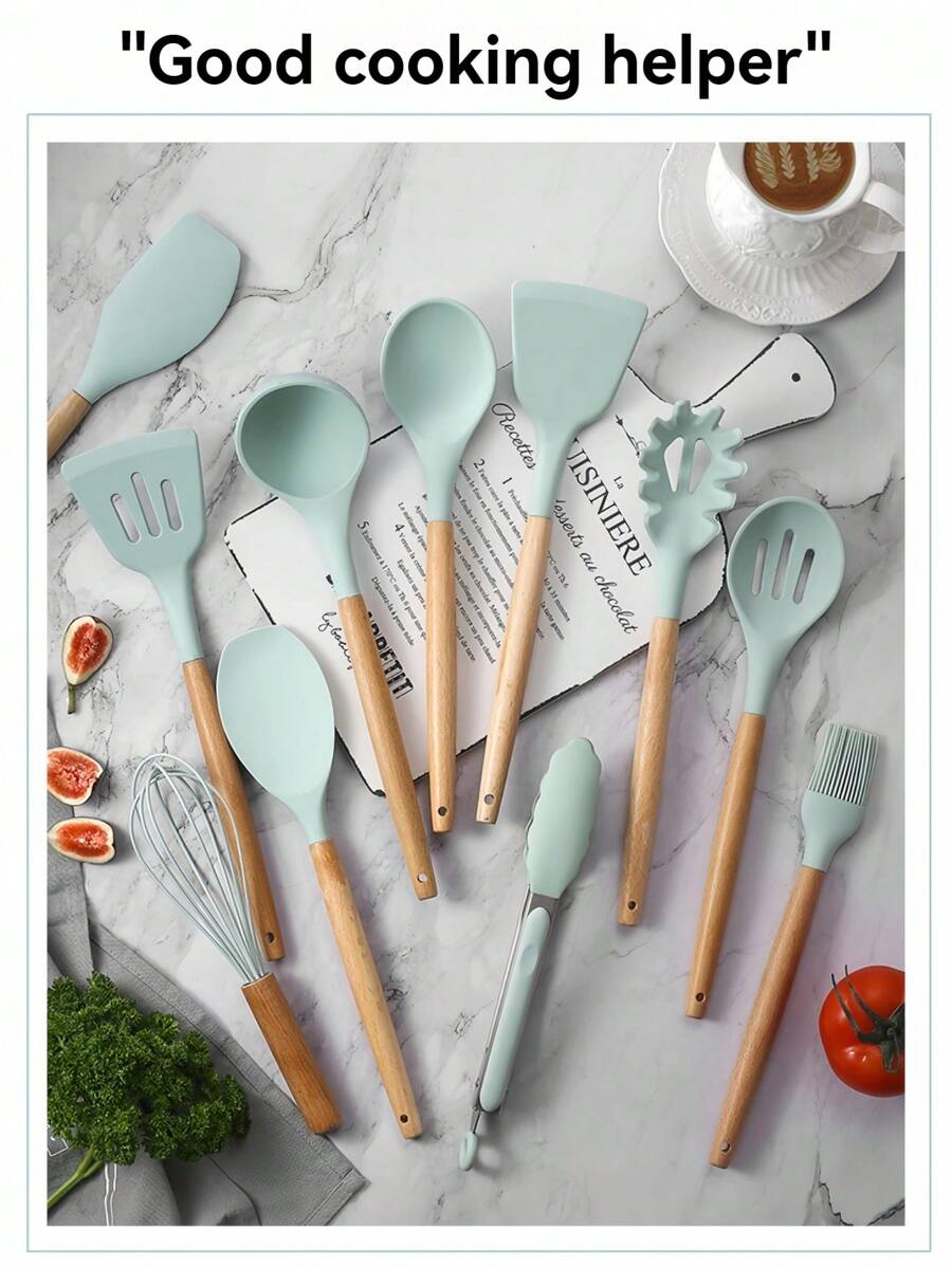 Ensemble de 12 ustensiles de cuisine en silicone avec manches en bois, casserole anti-adhésive ...