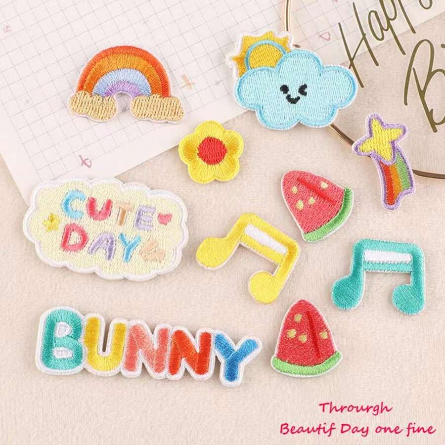 9pcs Computer Embroidered Patches, Cartoon, Rainbow, English Letter ...