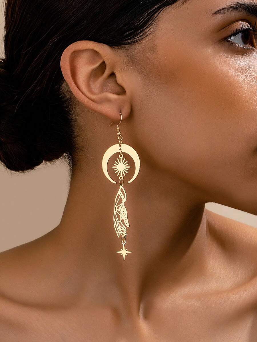 1pc Hollow Gold-Color Star Moon Earrings, Sun Element Boho Vintage ...