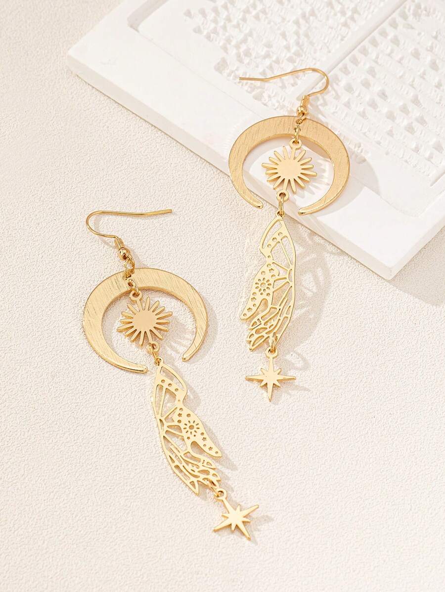 1pc Hollow Gold-Color Star Moon Earrings, Sun Element Boho Vintage ...