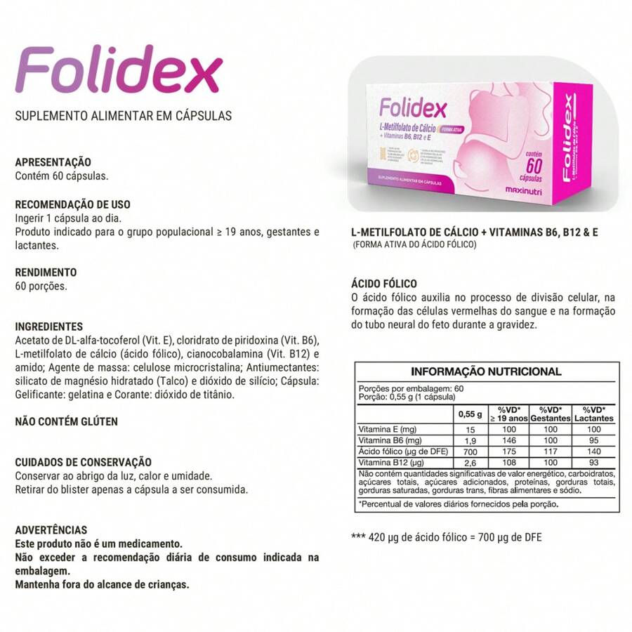 Folidex Metilfolato 420mcg g + Vitaminas B6-B12-E 60 Cáps Maxinutri ...