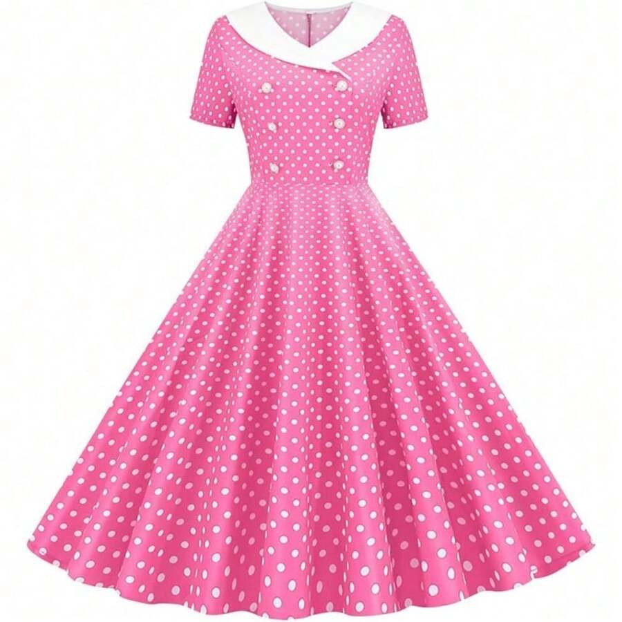 Women Double Breasted Notch Lapel 50s Vintage Short Sleeve Cocktail ...