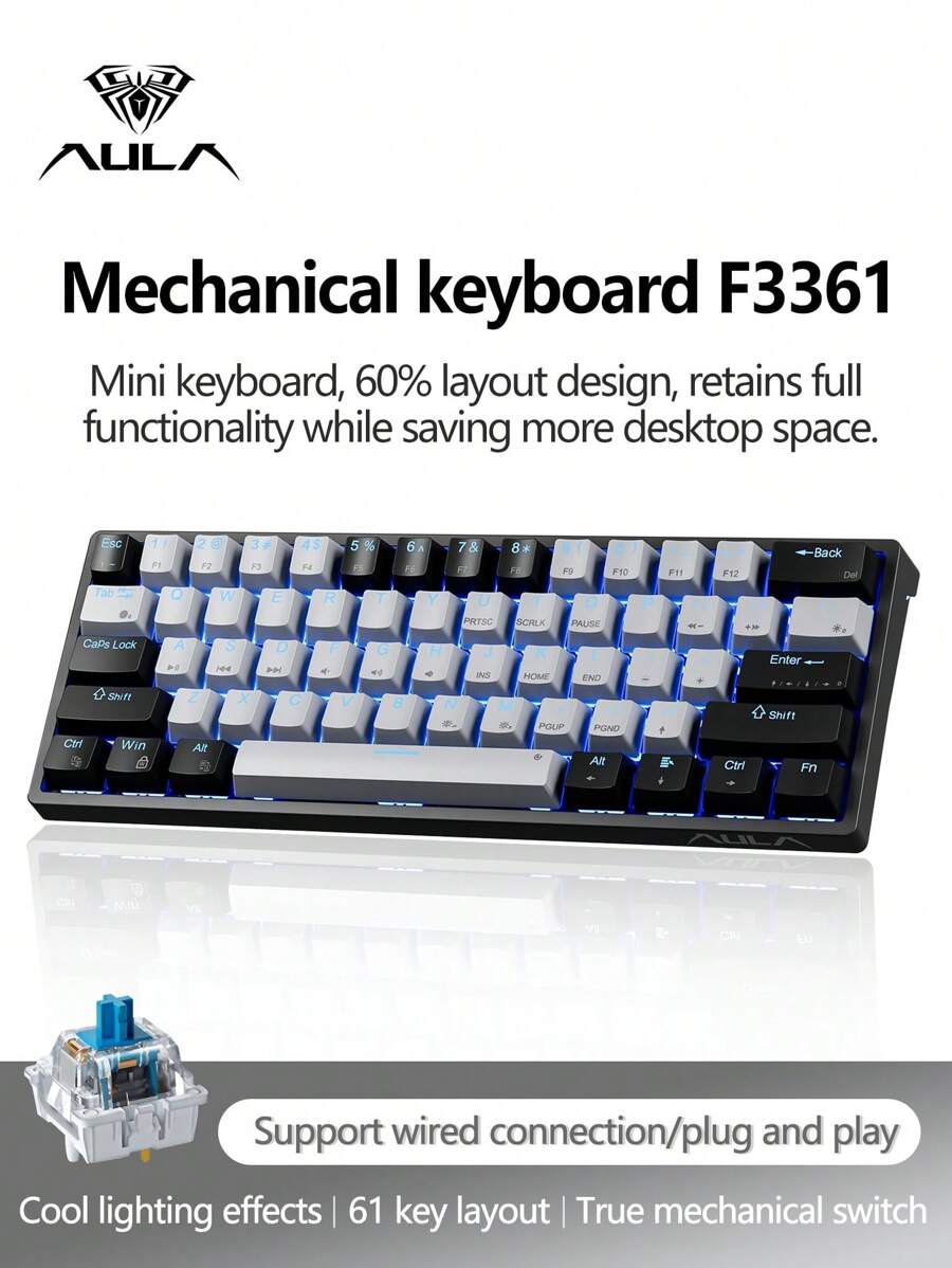 AULA AULA F3361 Wired Mechanical Keyboard, 61-Key Layout, Mini And ...