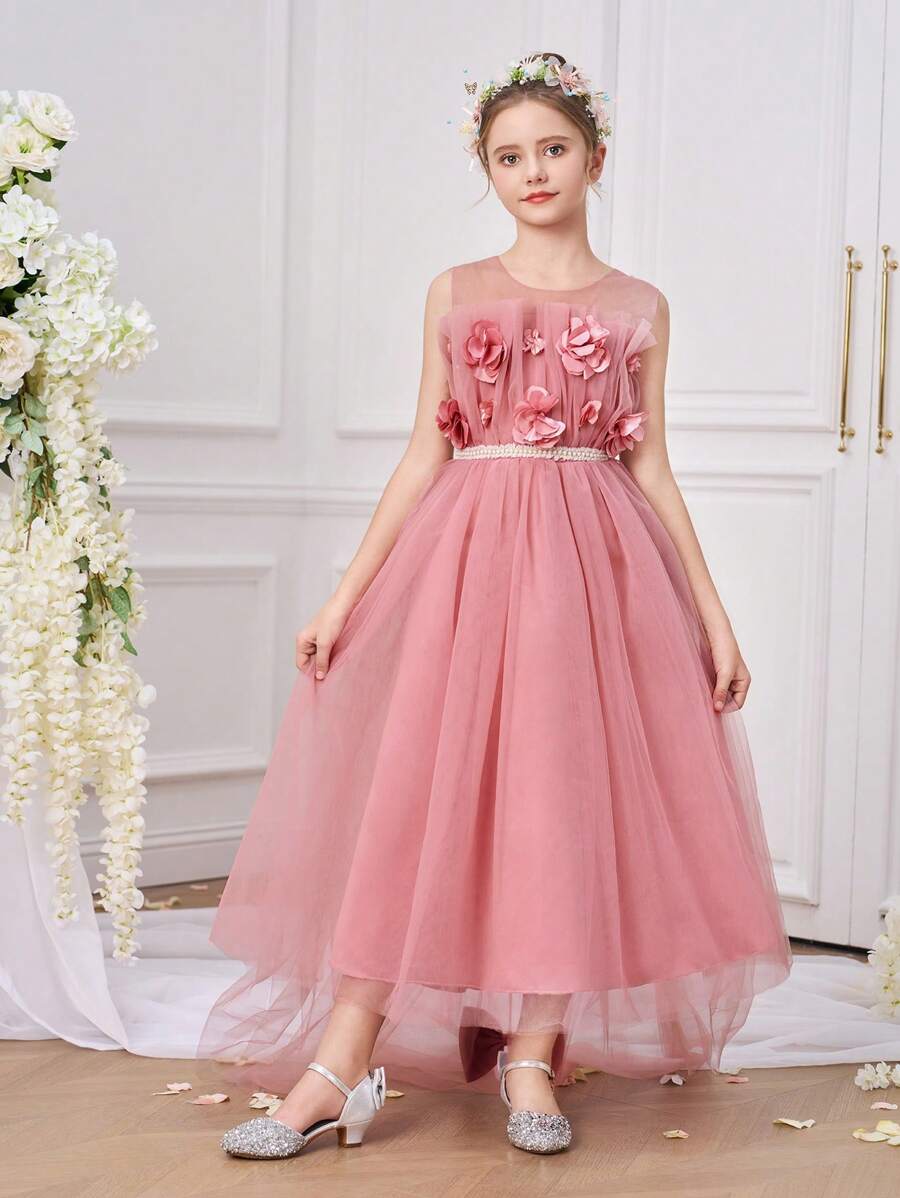 Tween Girls Elegant Floral Wedding Pageant Dress With Pink Bow ...