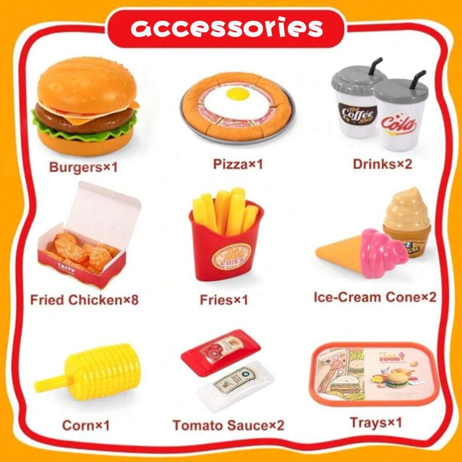 40pcs Kitchen Playset, Fast Food Burger Accessories, Kids Role Play ...