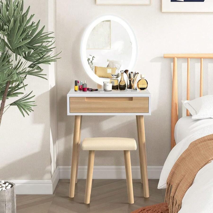 Makeup Vanity Table Set With 3 Modes Adjustable Lighted Mirror ...