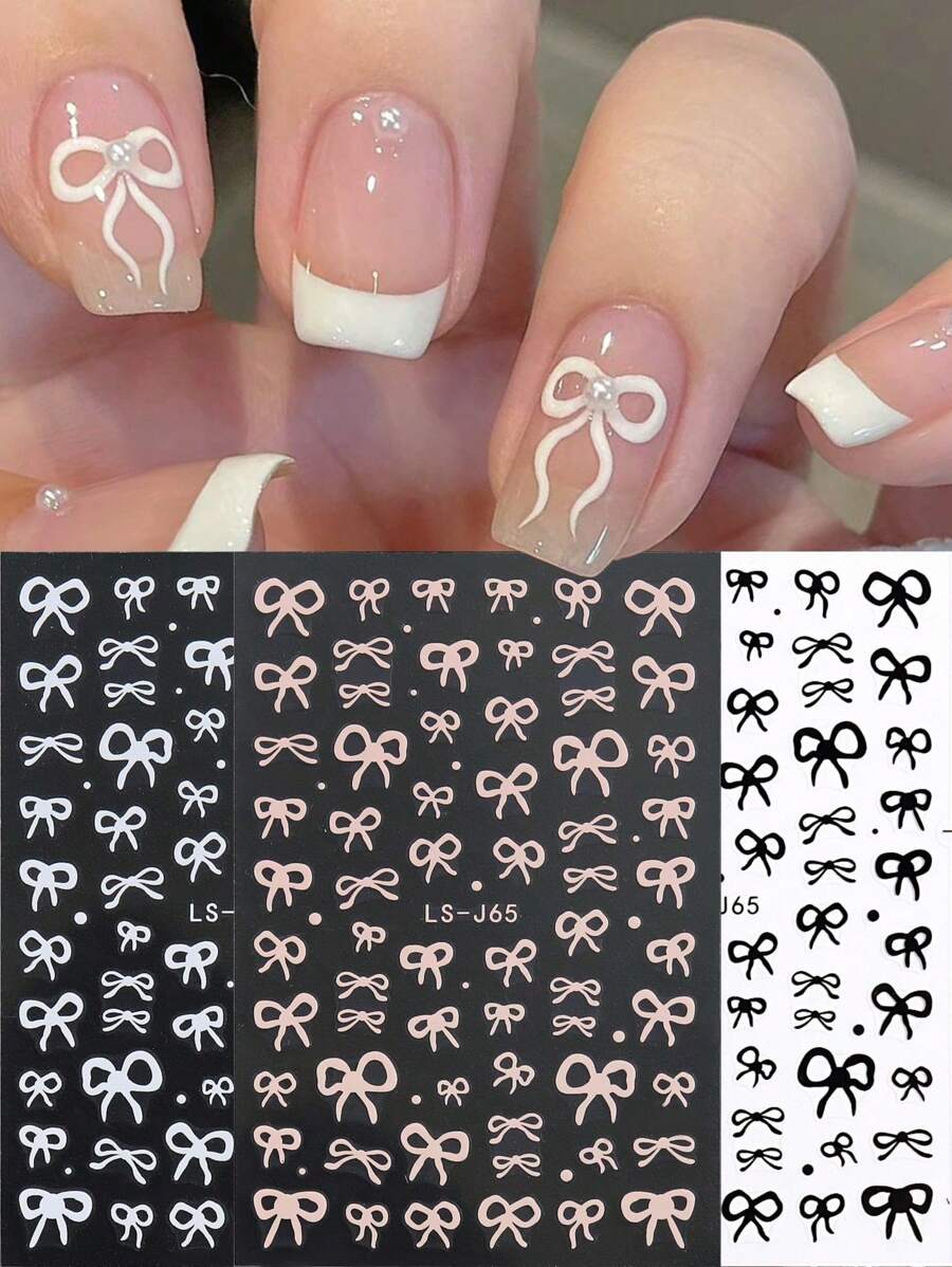 3pcs 3D Nail Ribbons Sticker Black White Bows Nail Charms Cute Silk ...