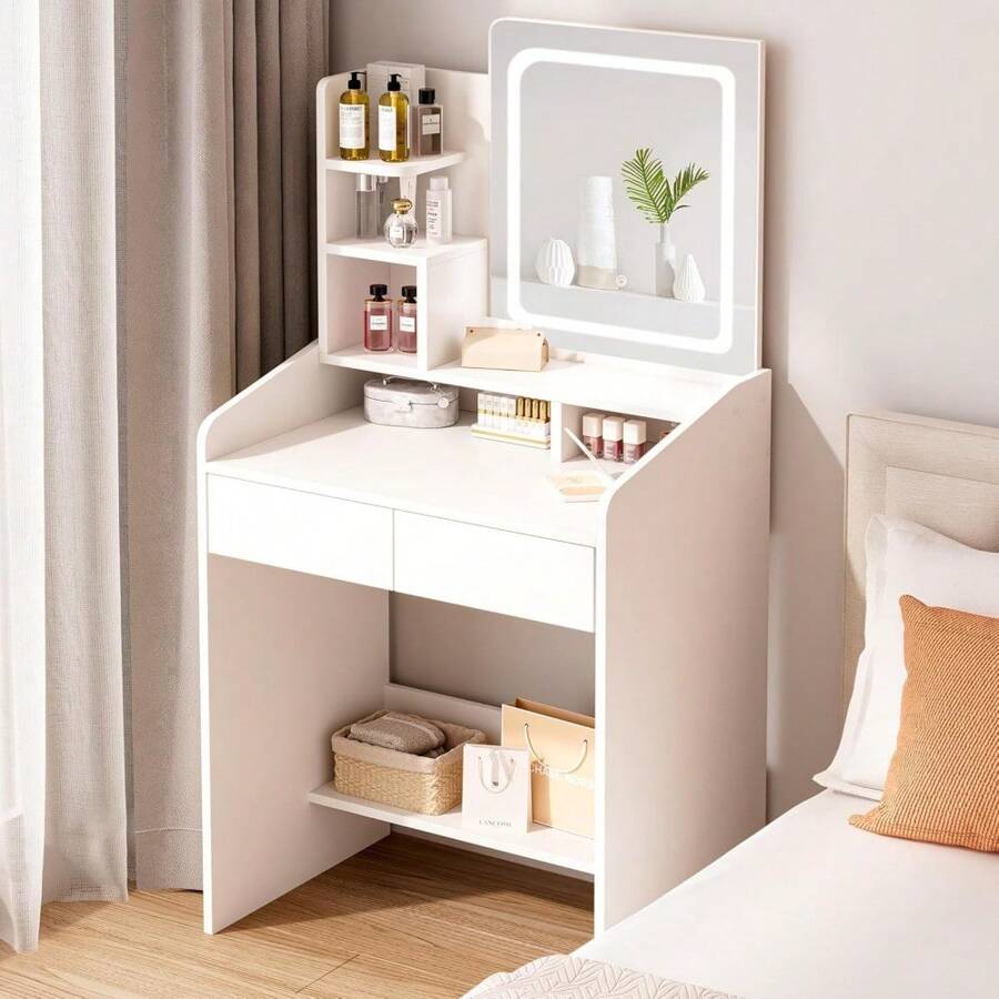 Small Vanity Desk Set With Square Mirror And Light- Vanity Desk With ...