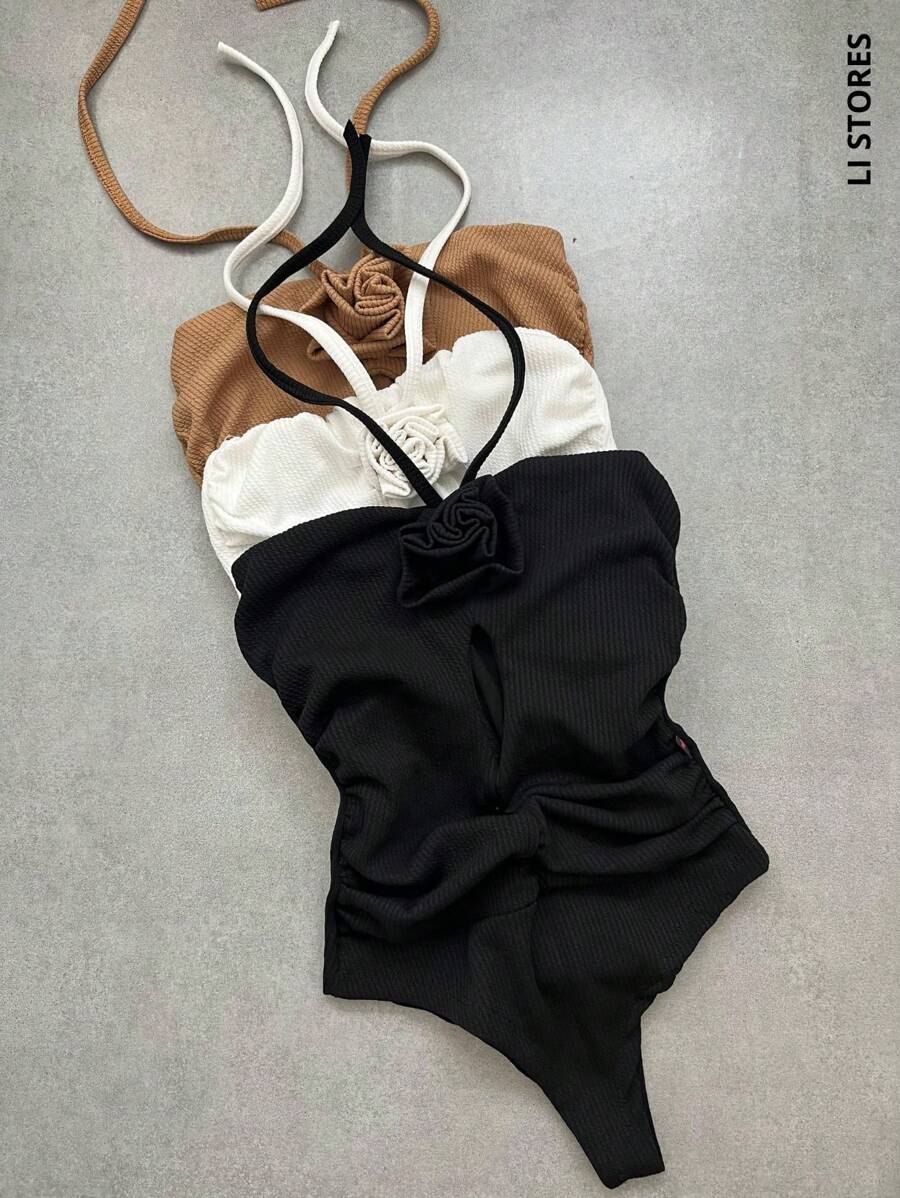 Body Feminino Elegante Flor Bory Preto bori Cavado decote Liso ...