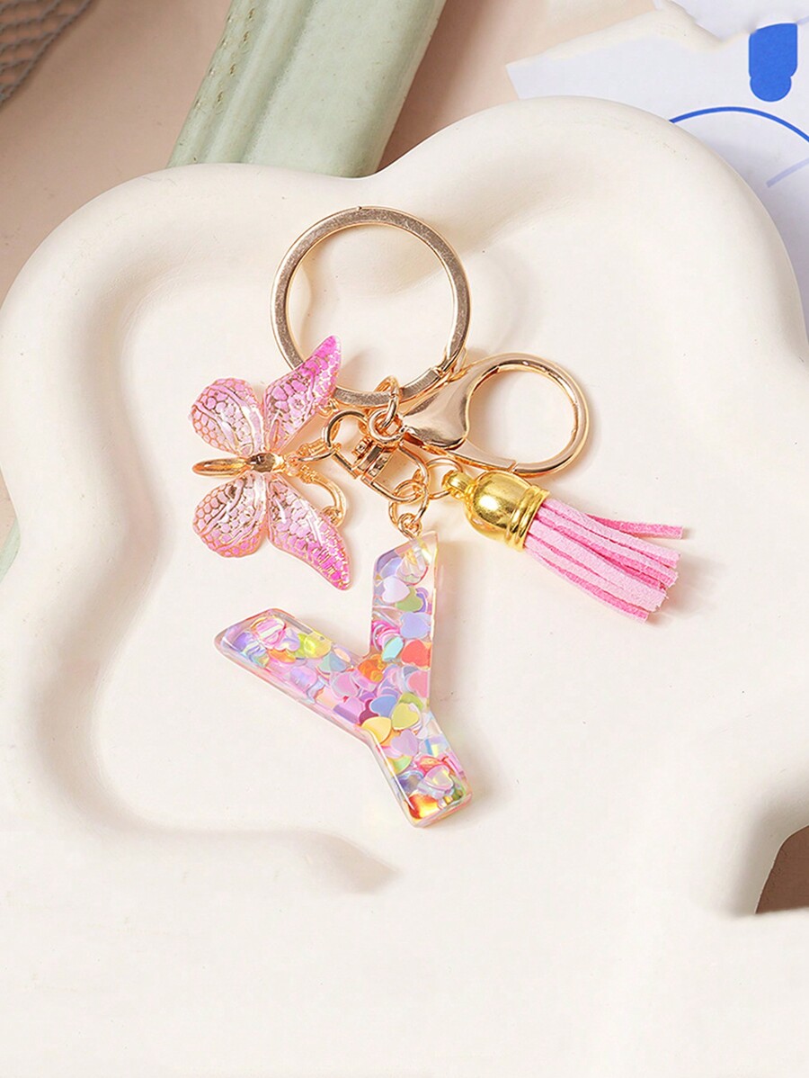 Alphabet Women's Makeup Keychain With Butterfly Decor Letters Shape ...