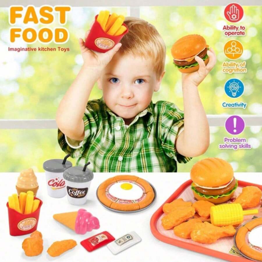 40pcs Kitchen Playset, Fast Food Burger Accessories, Kids Role Play ...