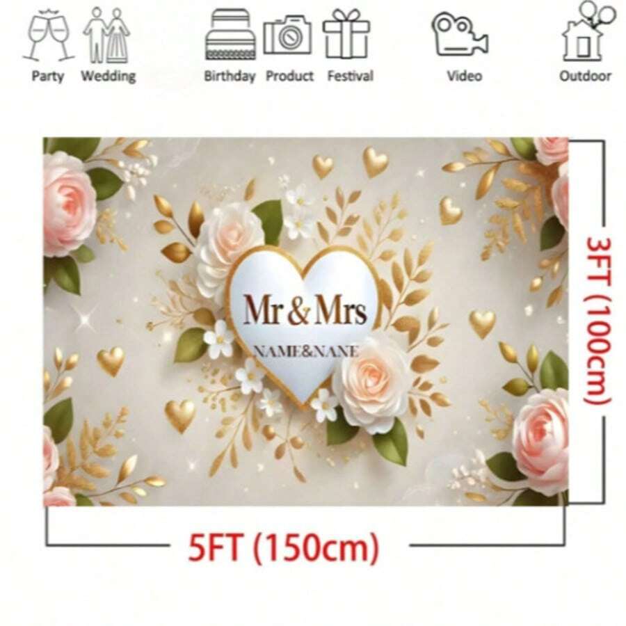 Customisable Name Boho Wedding Floral Mr & Mrs Name Design Backdrop ...