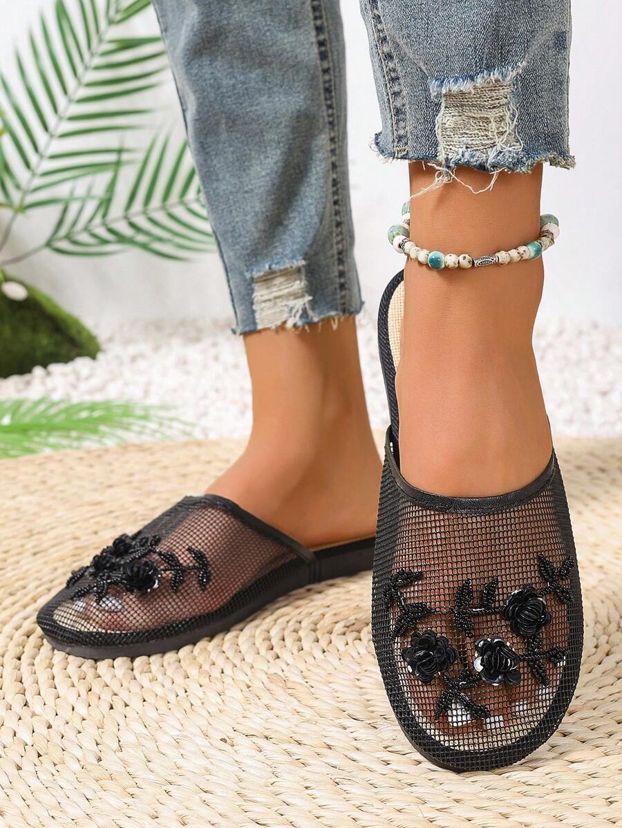2024 Handmade Beaded Slip-On House Slippers With Mesh Fabric, Two-Way ...