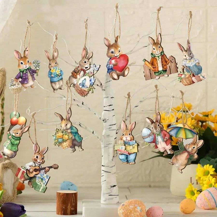 12pcs Wooden Easter Bunny Ornaments For Spring Tree Decorations ...