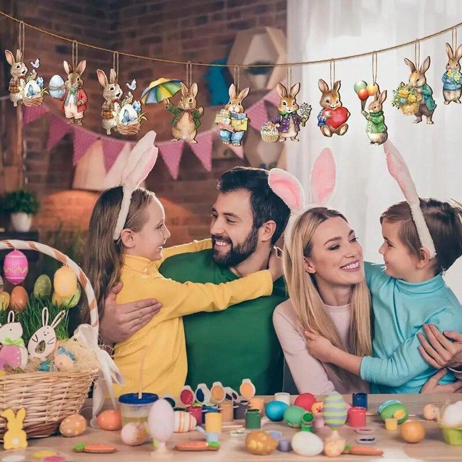 12pcs Wooden Easter Bunny Ornaments For Spring Tree Decorations ...