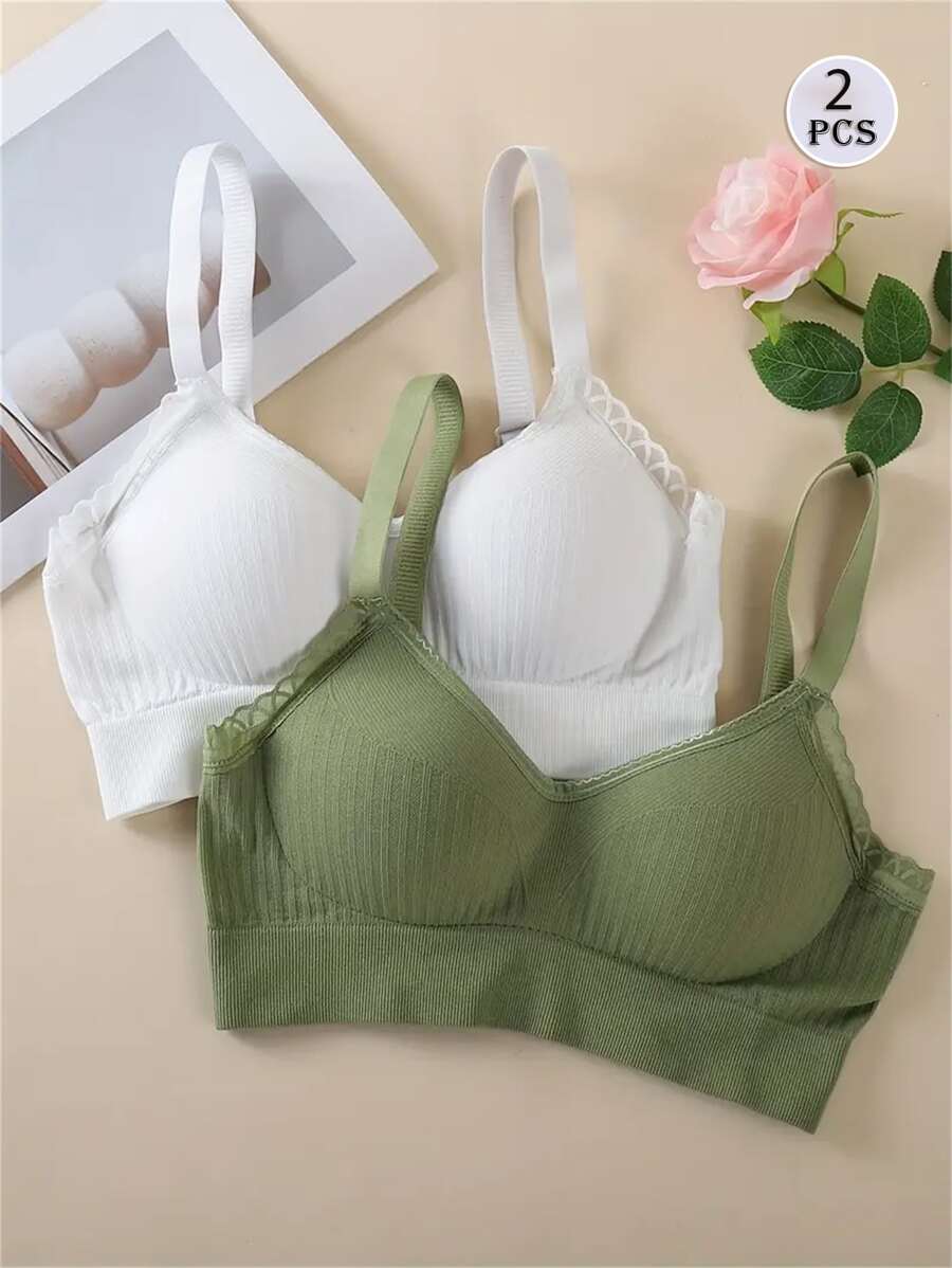 2pcs Lace Trim Soft Seamless Push-Up Bras, Comfortable Daily Support T ...