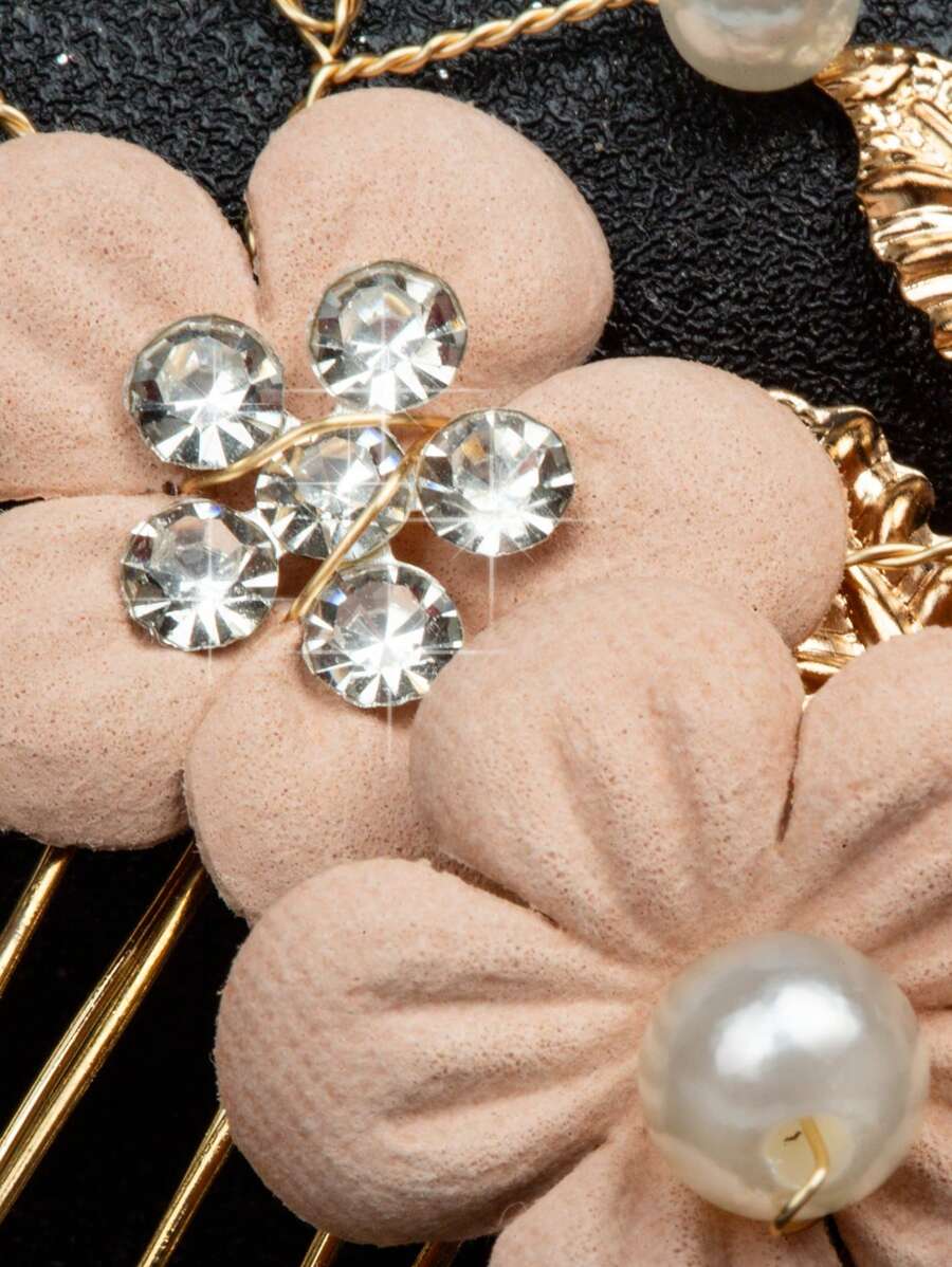 1pc Girls Champagne Pearl & Rhinestone Flower Floral Hair Clip With ...