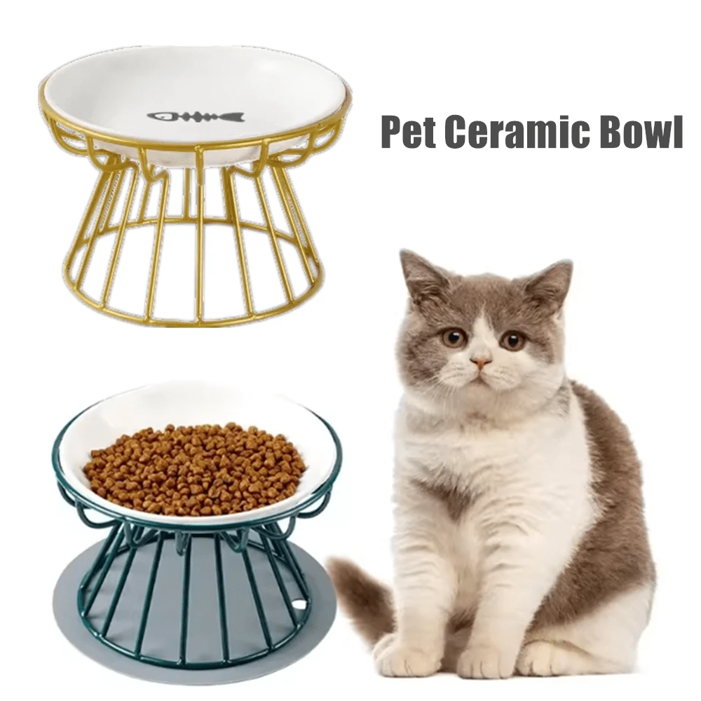 1Set Pet Ceramic Bowl Iron Rack Cat Food Snacks Canned Plate Anti ...