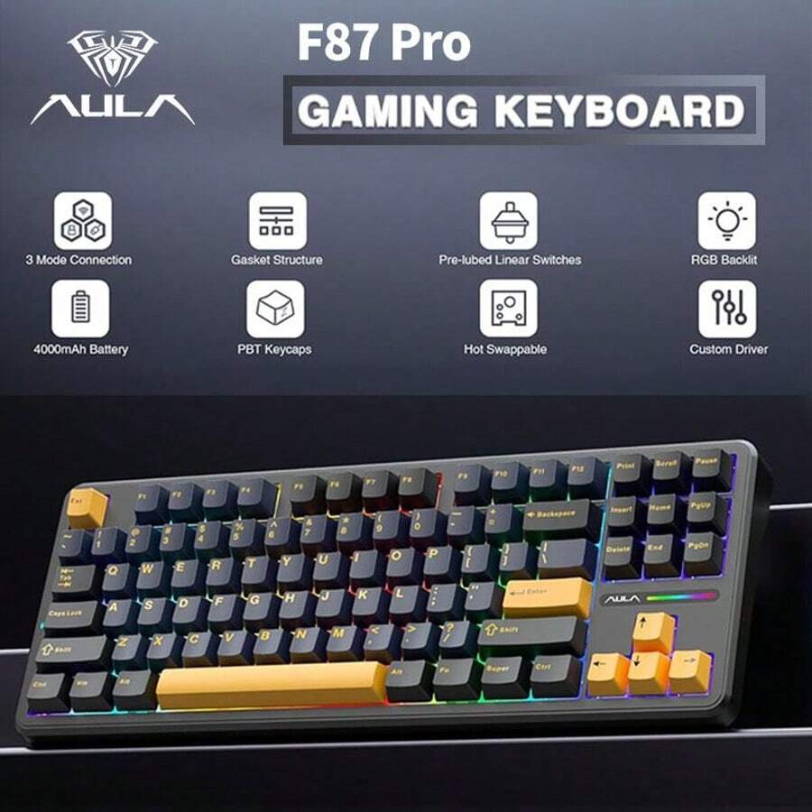 AULA Teclado para jogos AULA F87pro DIY RGB retroiluminado 87 teclas teclado sem fio computador ...