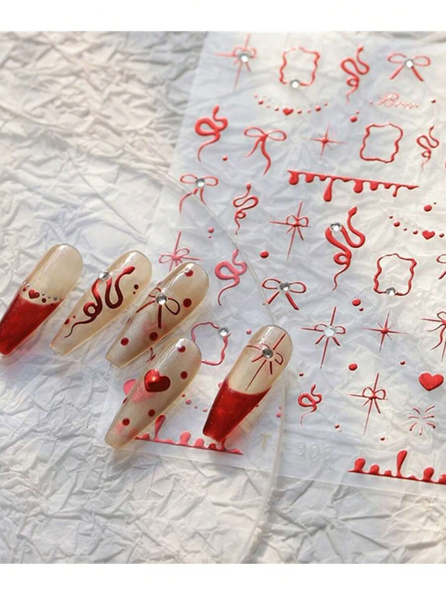 1 Sheet Red Bow Nail Stickers Metal Effect 3D Self Adhesive Heart Bows ...