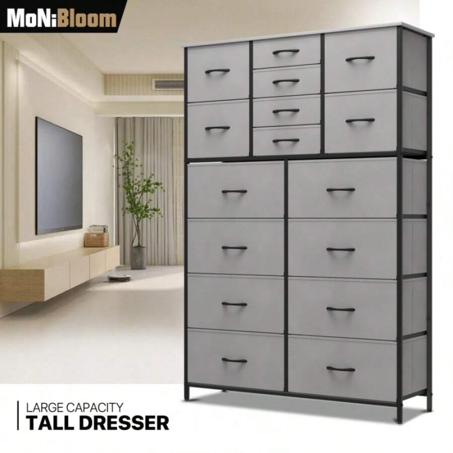 16 Gray Drawers Dresser Fabric Storage Tall Chest Nursery Closet ...