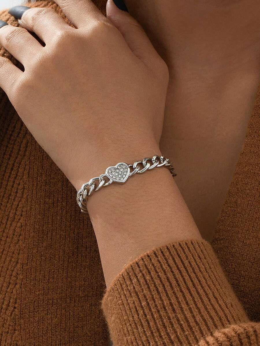 1pc Silver Color Chain Bracelet With Crystal Heart Design, Wedding Gift ...