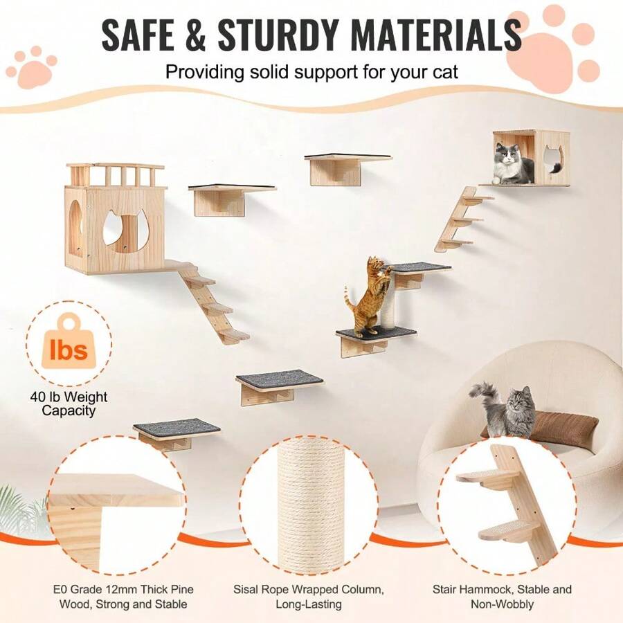 Set Of 9 Wall Mounted Cat Shelves Tree With Jumping Boards, Nests, And ...