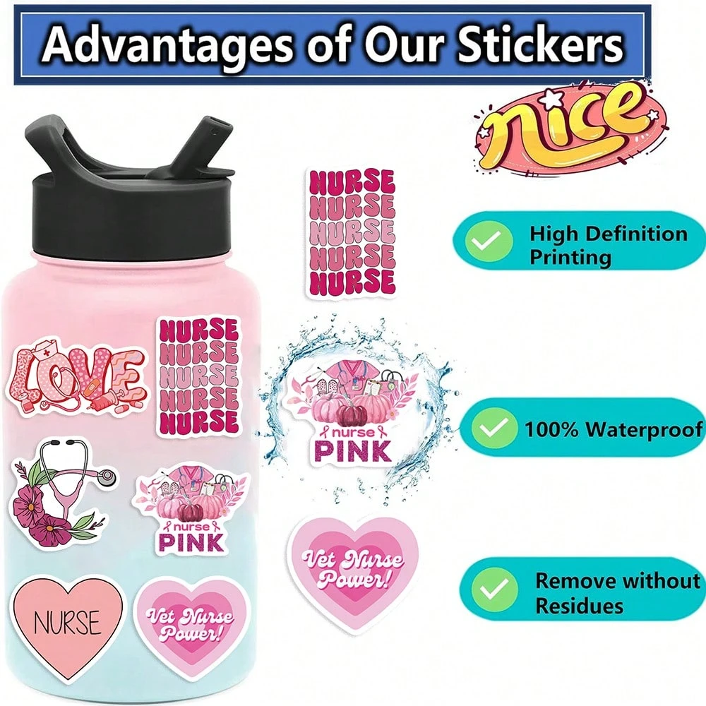 50PCS Pink Nurse Stickers Vinyl Aesthetics Stickers Scrapbooking, Diary ...