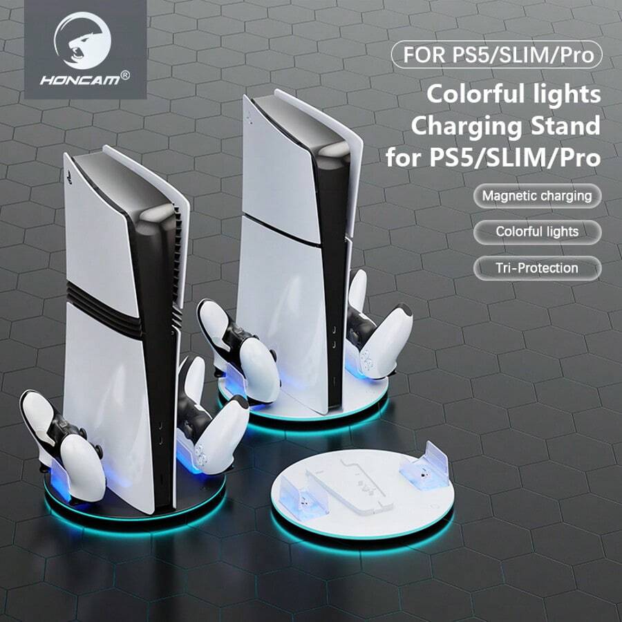 HONCAM Ladestation kompatibel mit PS5/Slim/Pro Konsole, PS5 Controller Ladestation, RGB ...