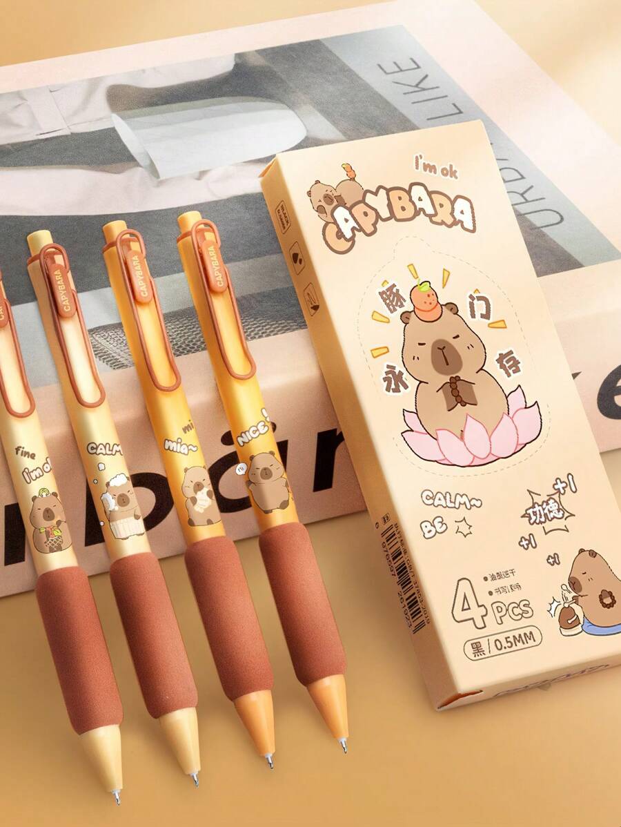 4pcs Capybara Gel Pens Set Cartoon Design Soft Holding 0.5mm Ballpoint ...