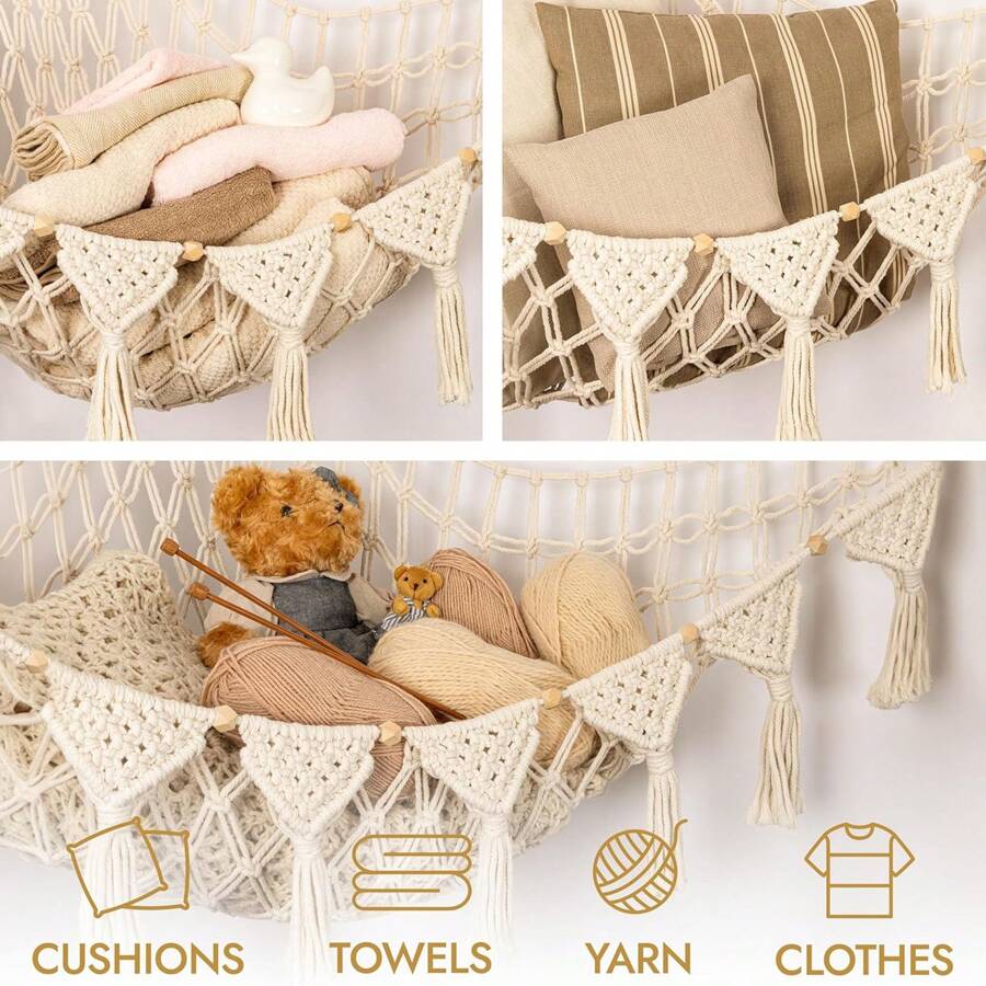 fozulany Macrame DreamLights Boho Stuffed Animal Storage Net Hammock ...