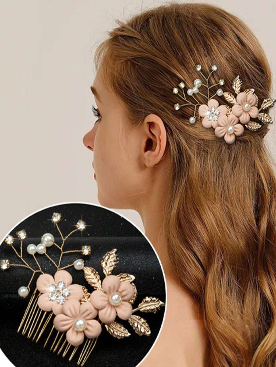 1pc Girls Champagne Pearl & Rhinestone Flower Floral Hair Clip With ...